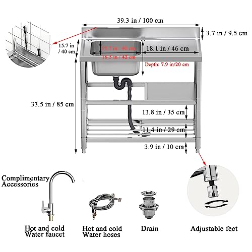 IOXGSGI Free Standing Stainless-Steel Single Bowl Commercial Restaurant Kitchen Sink Set W/Faucet & Drainboard, Prep & Utility Washing Hand Basin Wwworkbench & Double Storage Shelves (39.5In)