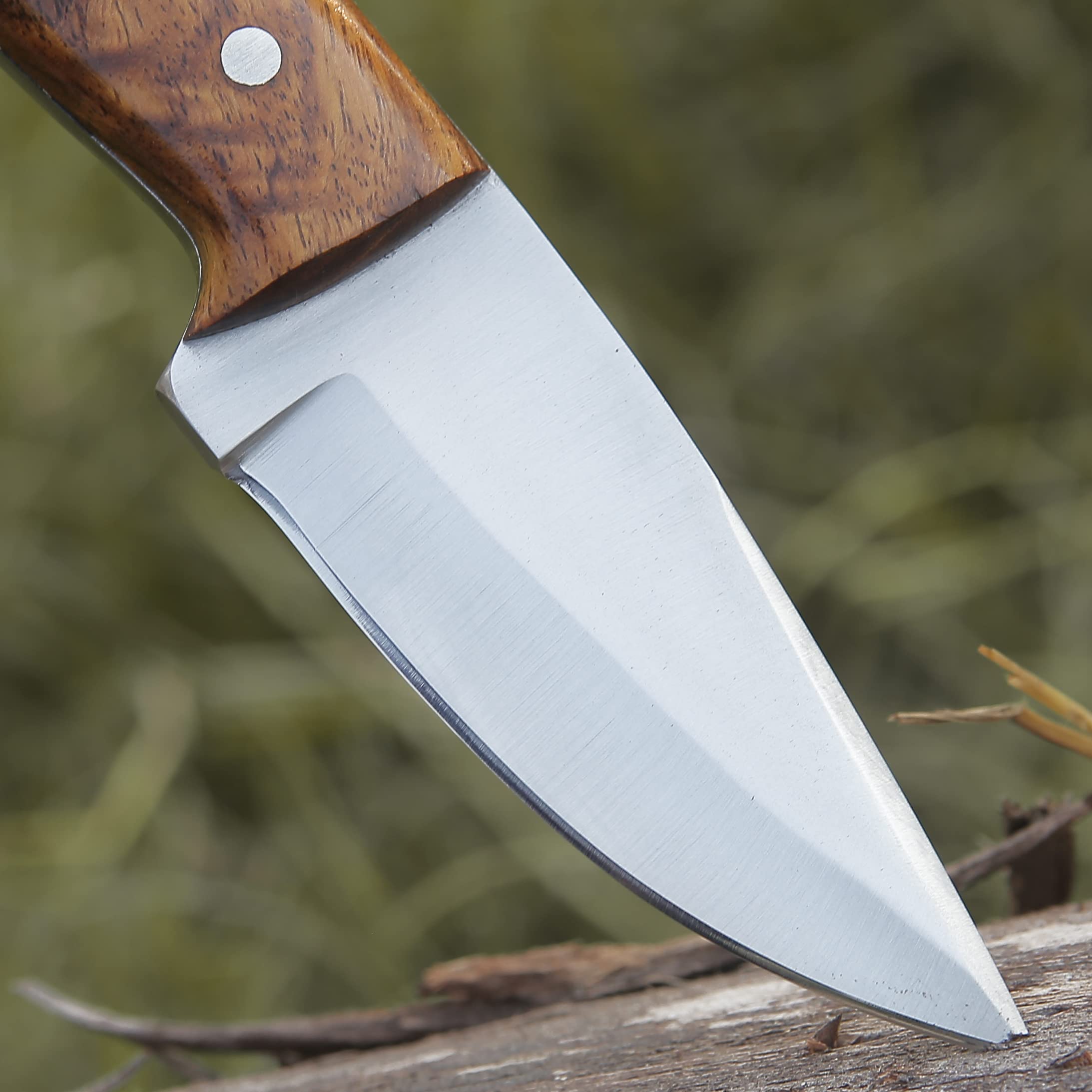 Carbon Steel Hunting - 8" Full TangBlade Wood Handle Skinner Knife With Oxford Leather Sheath - Tactical Survival Military Knife