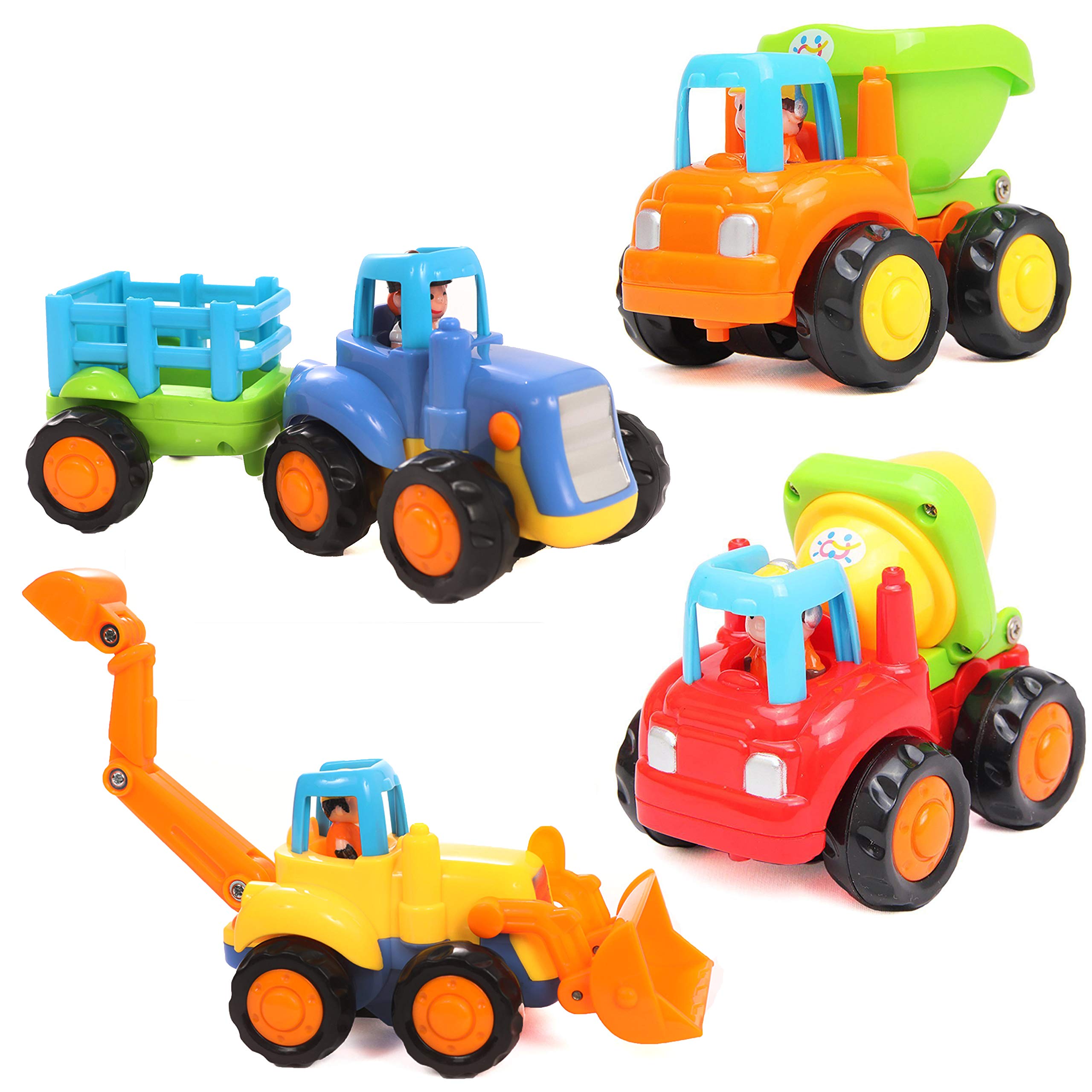 IQ Toys 4 Pack Friction Powered Cars Construction Vehicles for Toddlers, with Car Tractor, Bulldozer, Dumper and Cement Mixer Truck
