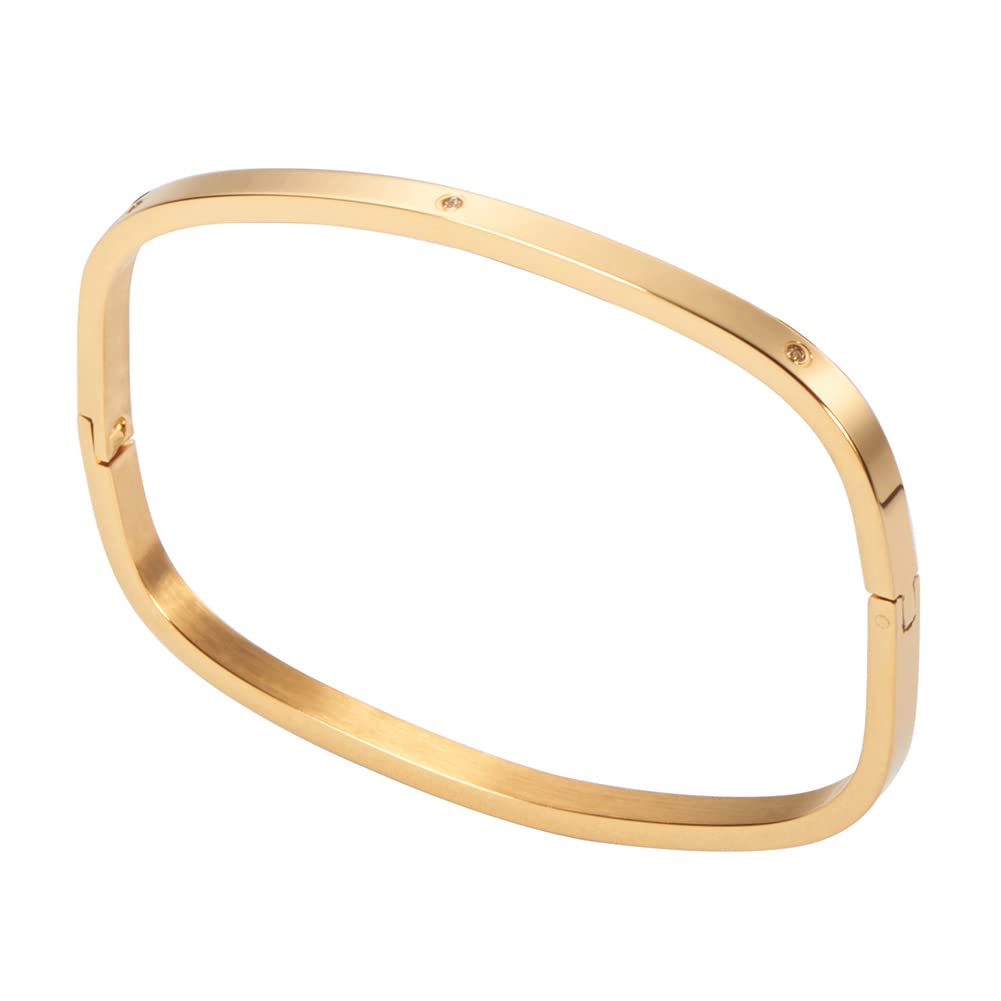 Bangle Bracelets for Women, Stainless Steel Glossy Rounded Rectangle Bangles with Rhinestones, Women's Silver Gold and Rose Gold Bangle Set (Gold), Middle