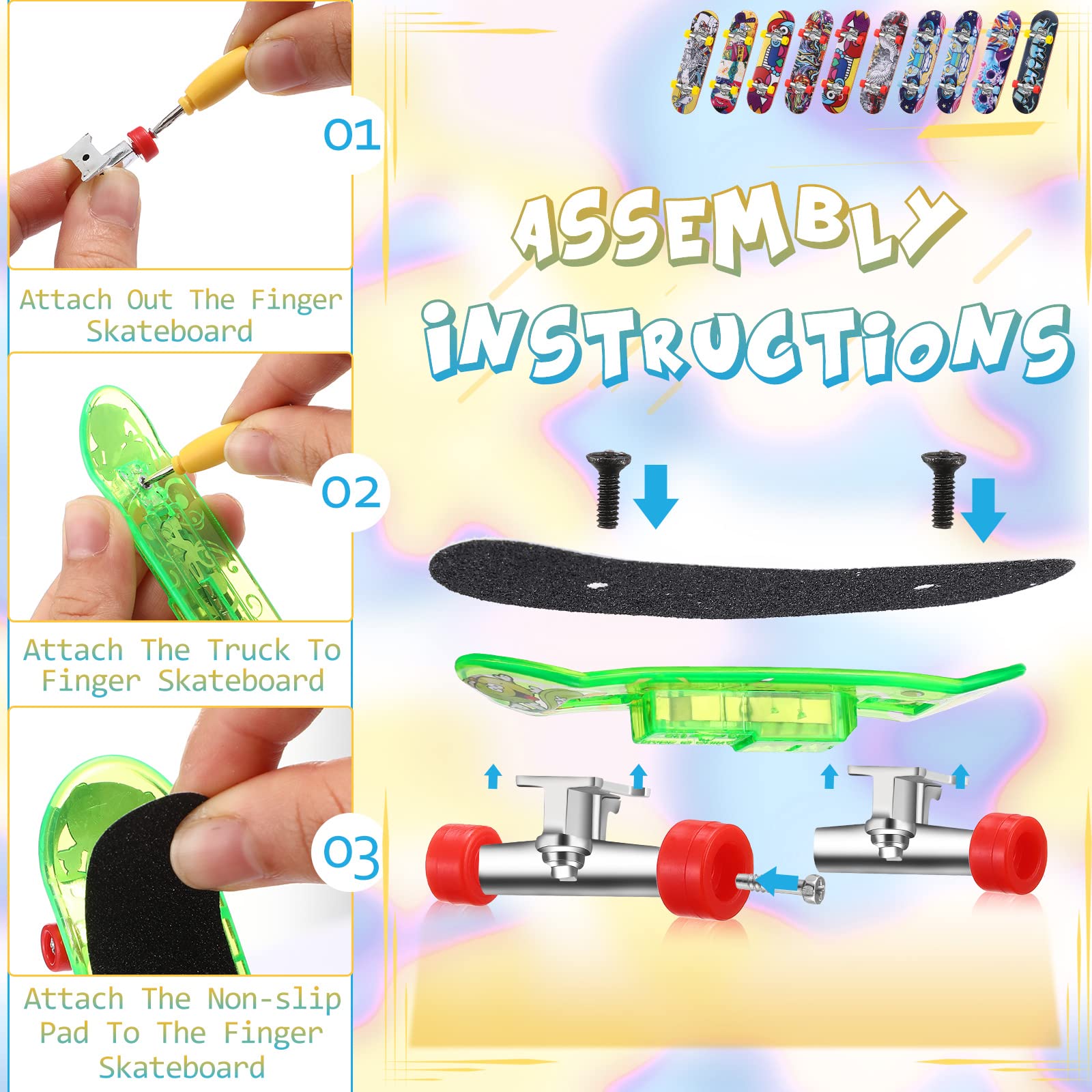 Civaner 20 Pack Fingerboard Kit DIY Mini Finger Skateboards Finger Skateboards for Kids Mini Finger Toys with 6 Pcs Installation Tools Brackets and Fingerboard Wheels for Skate Lovers (LED Style)