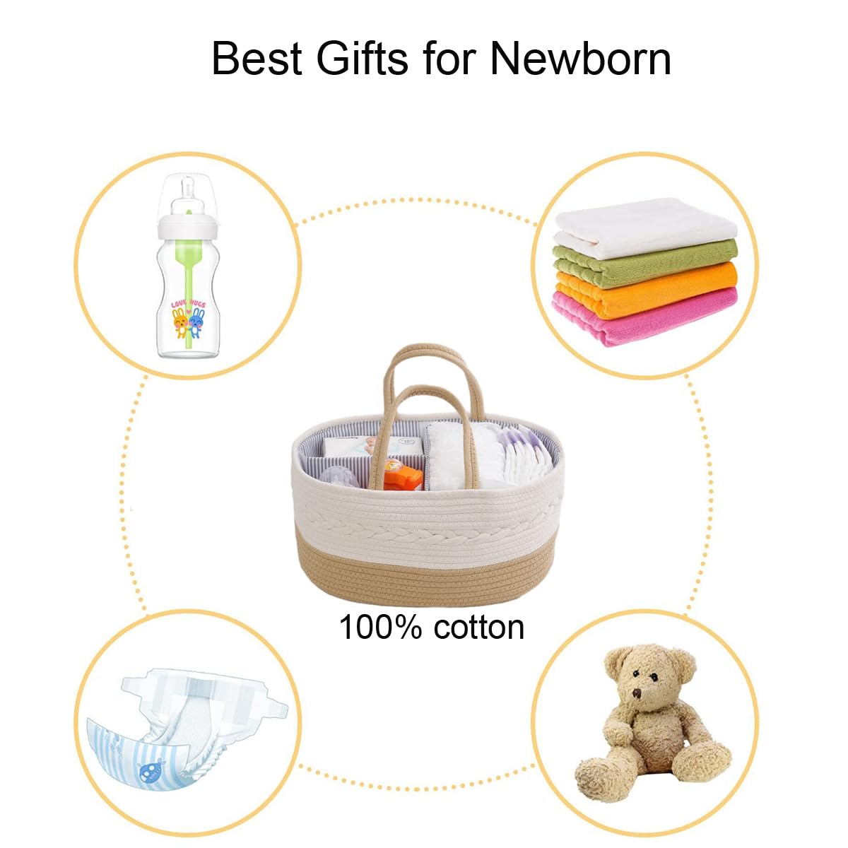 BSMstone Baby Diaper Caddy Organizer Diaper Basket with Divider Portable Car Organizer and Nursery Storage Bin Baby Best Shower Gifts for Newborn (Regular-White+Brown)