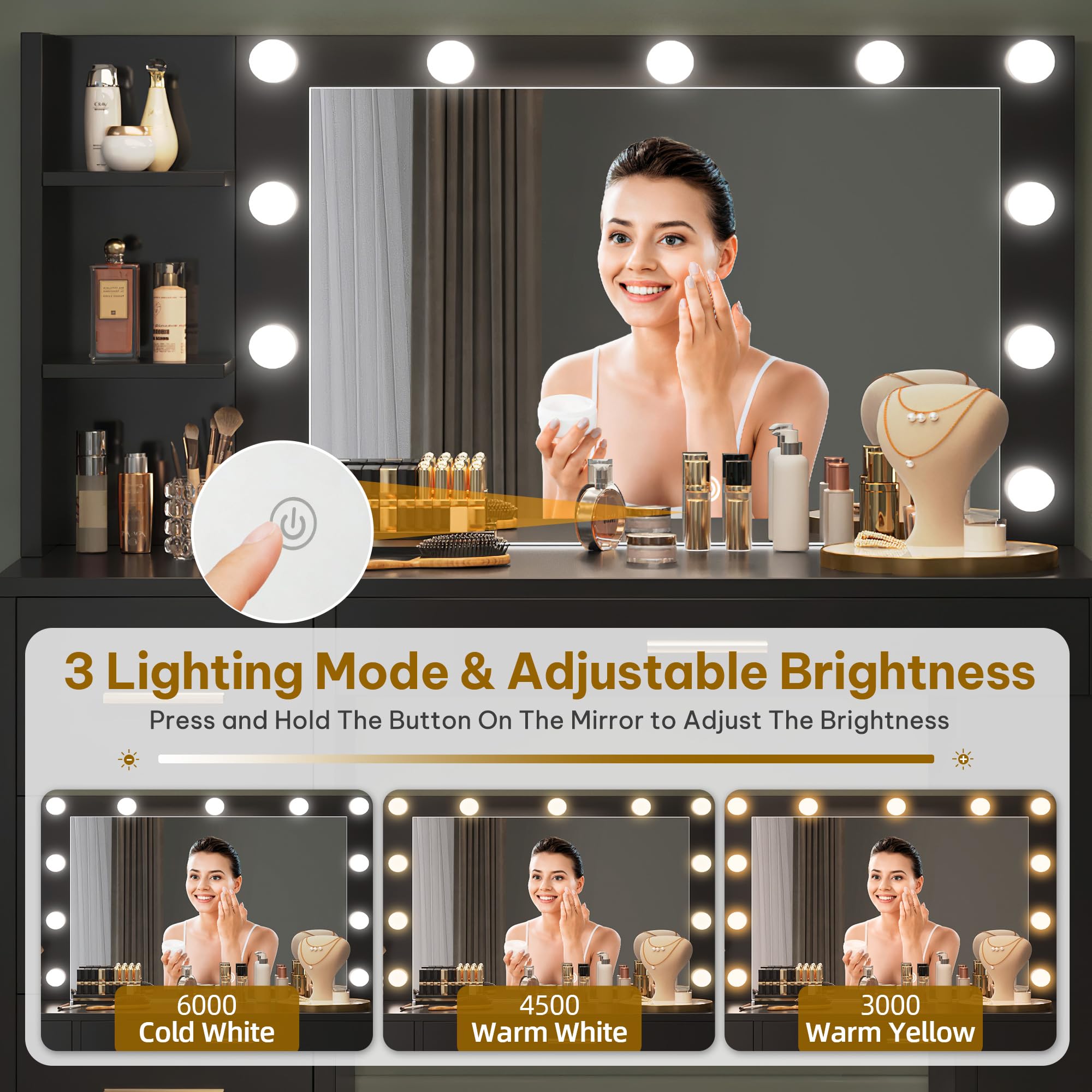 DWVO Makeup Vanity Desk with Mirror & Lights Bulbs, Vanity Table with Powers Strips 4 Drawers & 3 Storage Shelves, 3 Color Modes & Adjustable Brightness Dressing Table, Black