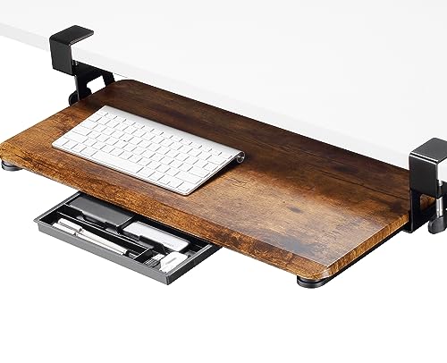 ETHU Keyboard Tray, 26.77" X 11.81" Large Size Keyboard Tray Under Desk with C Clamp-on Mount Easy to Install, Computer Keyboard Stand, Ergonomic Keyboard Tray for Home and Office (Walnut)