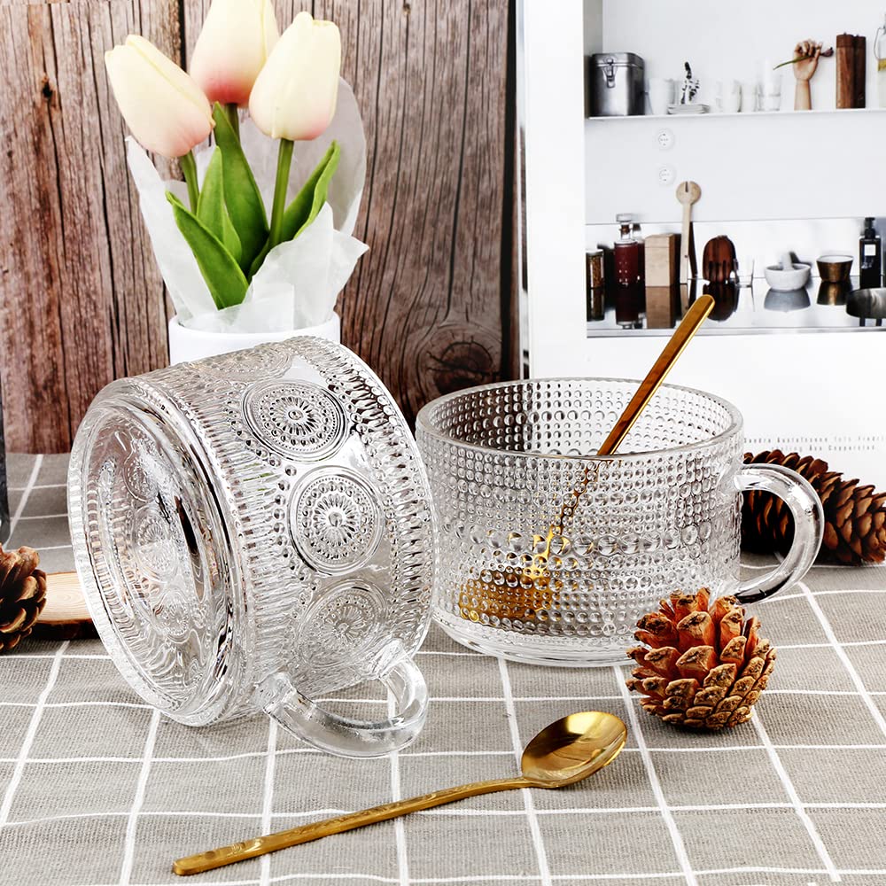 BTGLLAS 400ML Vintage Coffee Mugs With Metal Spoon Glass Coffee Cup 13 Oz Set of 4 Clear Embossed Engrave Tea Cups Beverage,Latte,Anniversary, Valentine,Birthday,Christmas (2SETMUGS)
