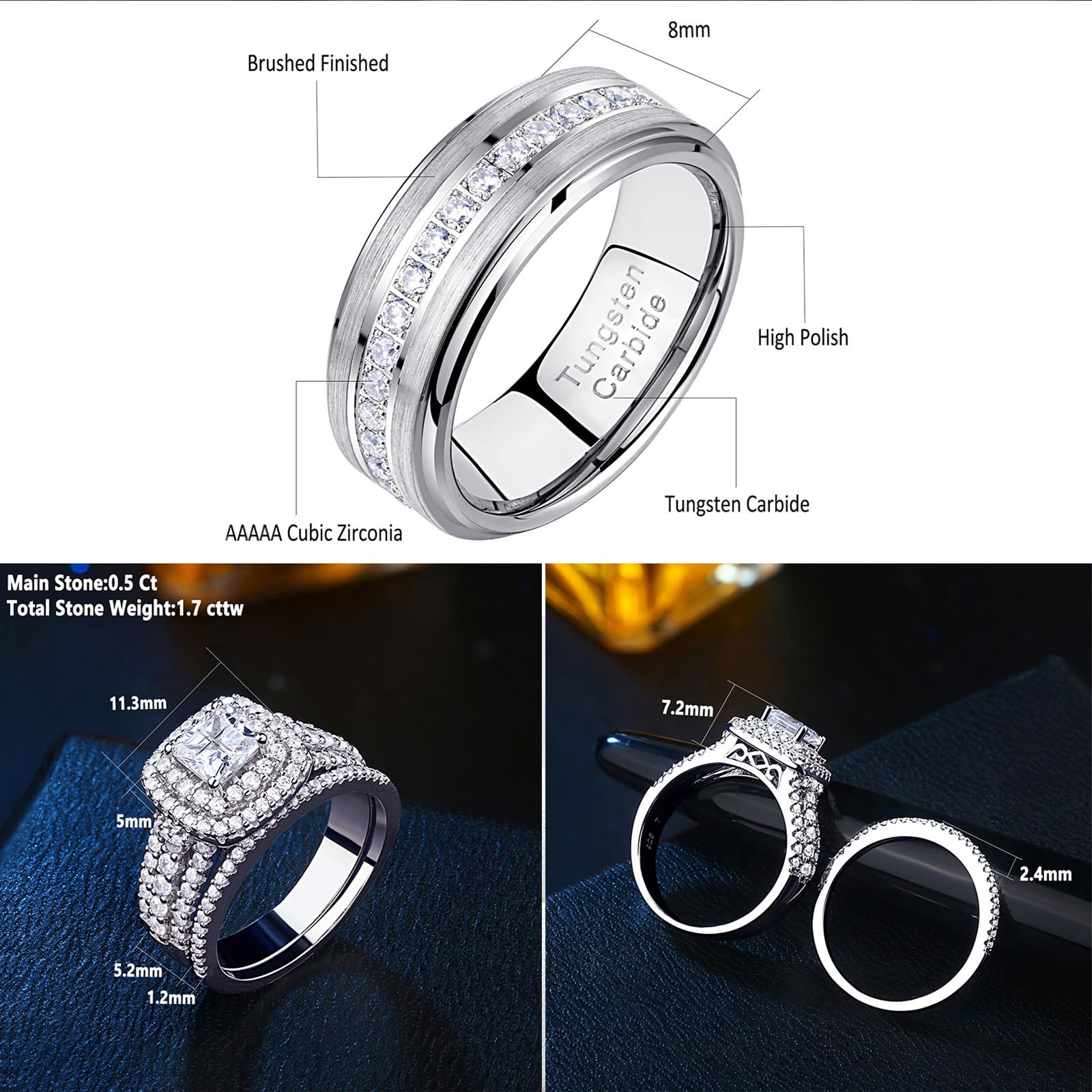 Newshe Wedding Rings Set for Him and Her Women Mens Tungsten Bands Princess Cz 2.3Ct Sterling Silver 7&9