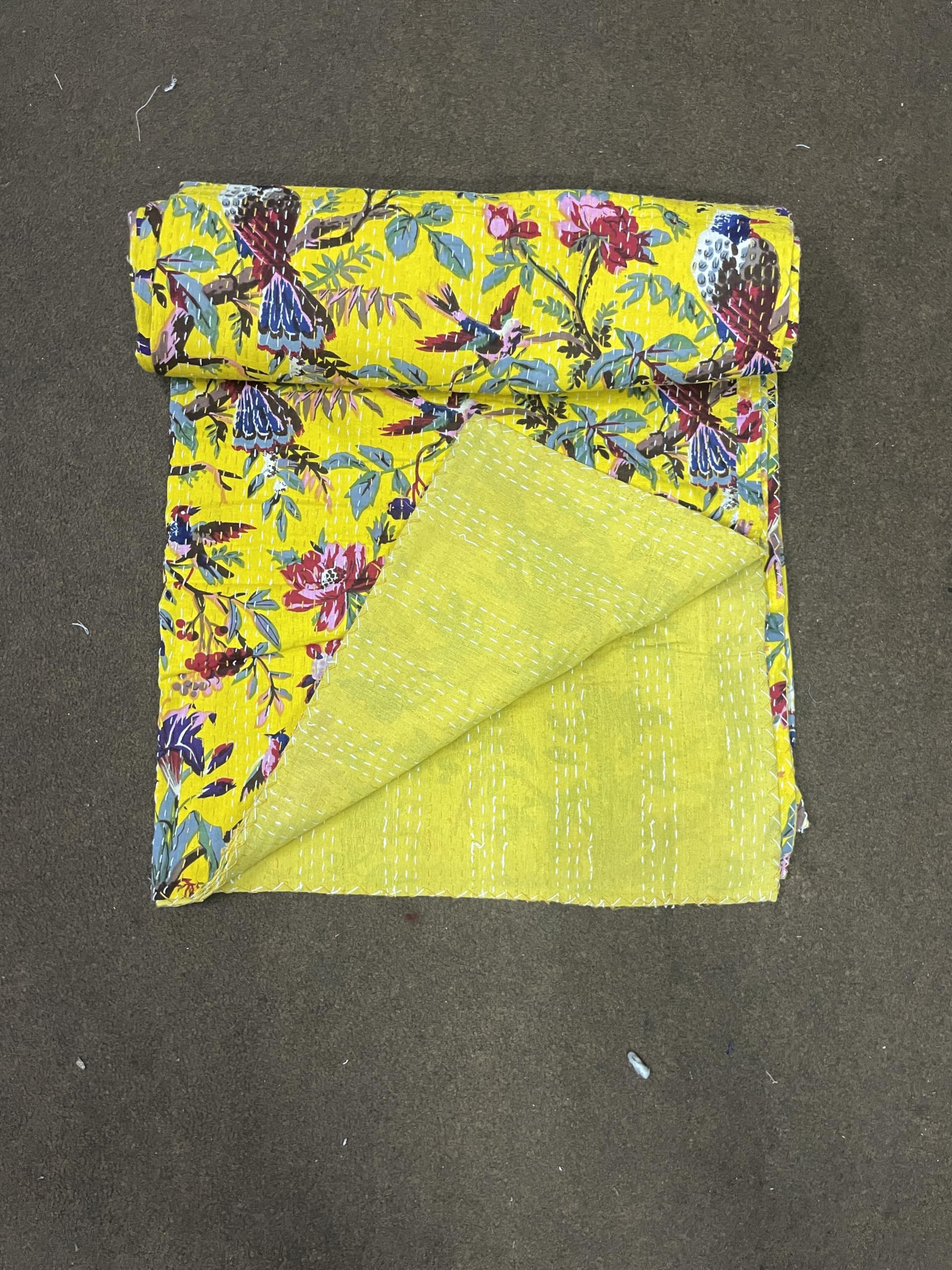 Birds Print Indian Cotton Hand Stitched Kantha Quilt Bedding Throw Bedcover Queen Size Blanket Home Decorative Gudari Bedspread KQ-49