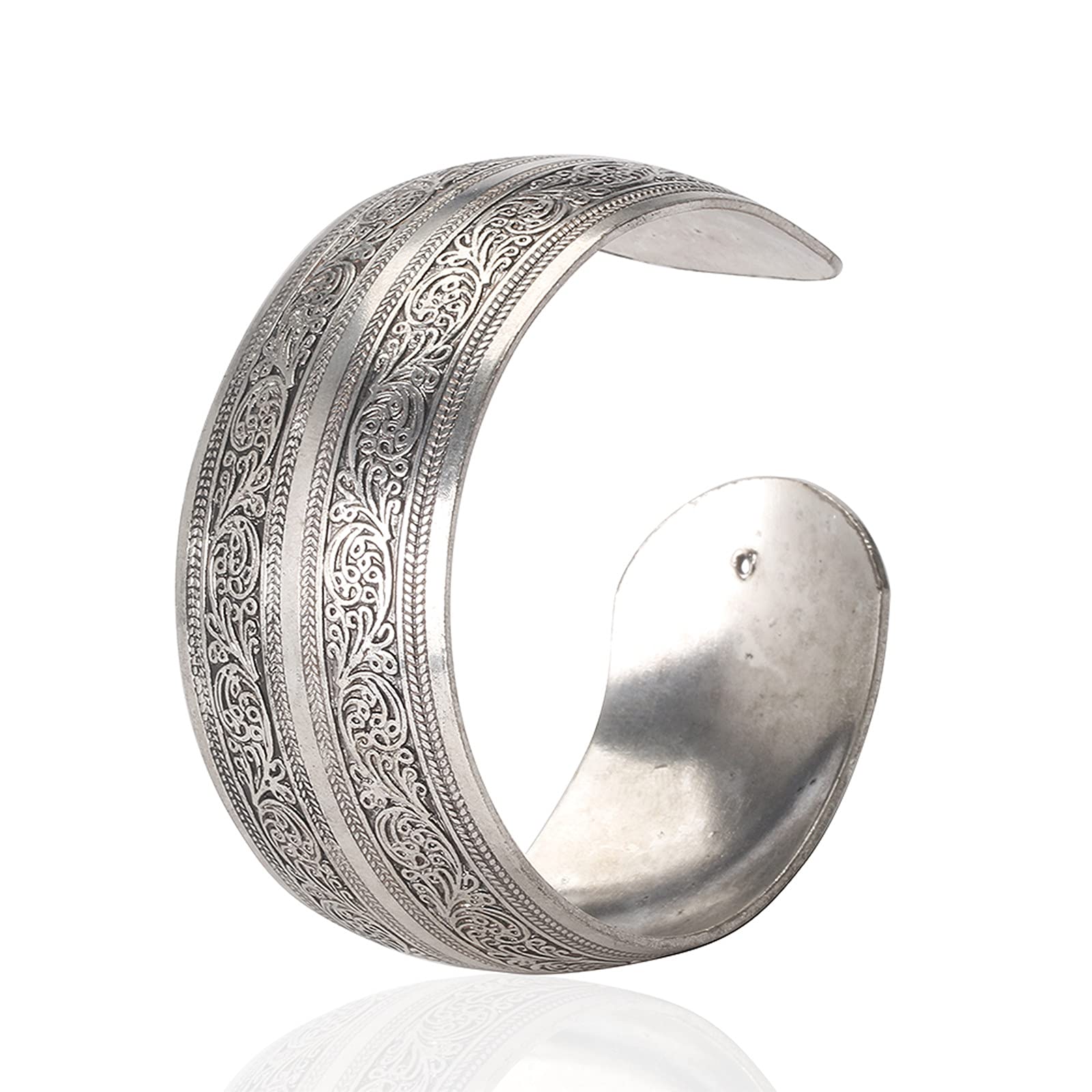 BODYA Tibeten Silver Carved Spiral Flower Connecting Branches Pattern Wide Band Open Cuff Bracelet Bangle for Adult