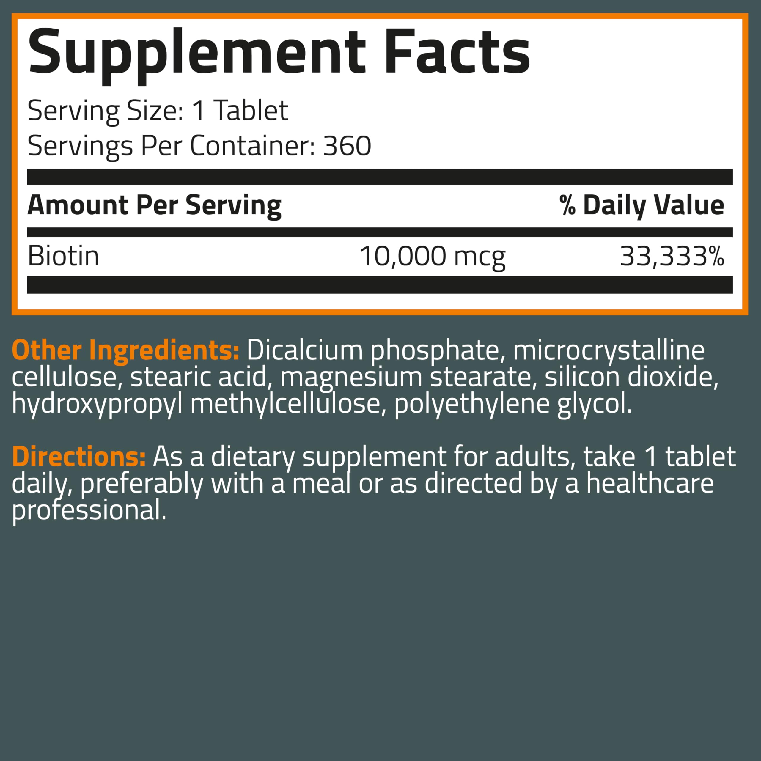 Bronson Biotin 10,000 MCG Supports Healthy Hair, Skin & Nails & Energy Production - High Potency Beauty Support - Non-GMO, 360 Vegetarian Tablets