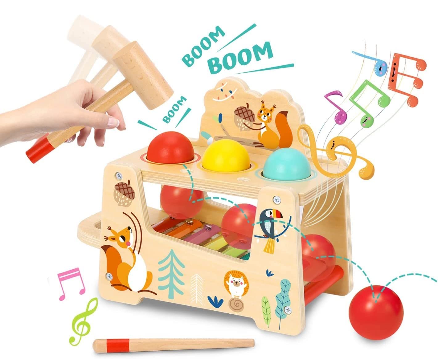 TOOKYLAND Pound a Ball Toy - 7pcs - Wooden Pounding and Hammering Bench with Xylophone; Educational Ball Drop Tap Game for Toddlers 1 Year Old +
