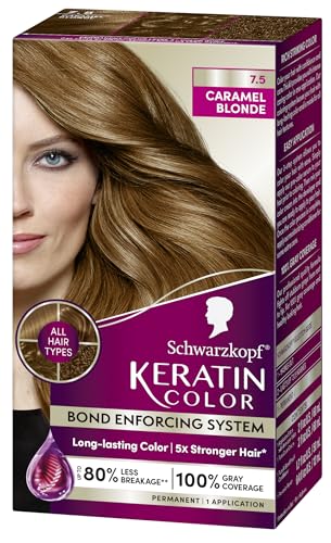 Schwarzkopf Keratin Color Permanent Hair Color, 7.5 Caramel Blonde, 1 Application Professionally Inspired Permanent Hair Dye for up to 80% Less Breakage vs Untreated Hair and up to 100% Gray Coverage