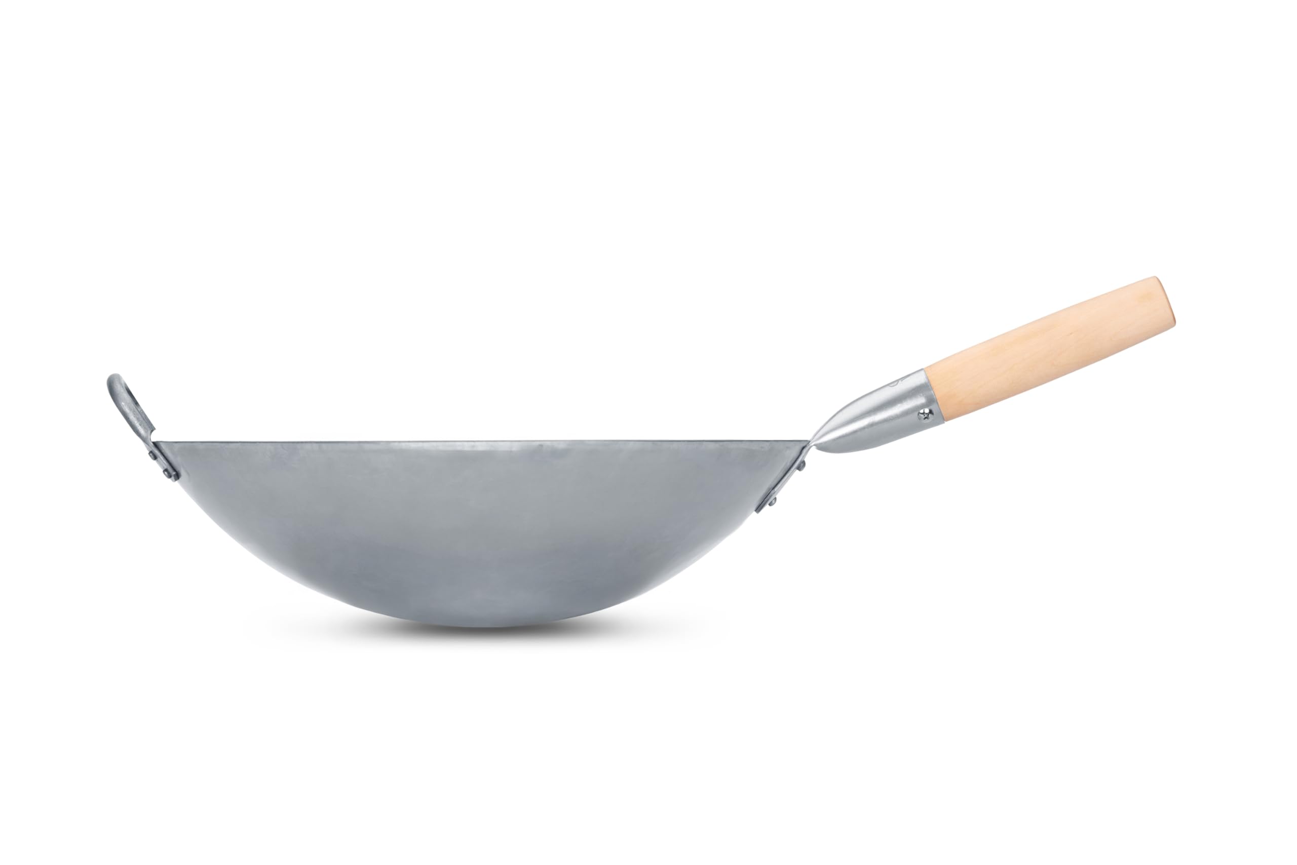 Craft Wok Traditional Hand Hammered Carbon Steel Pow Wok with Wooden and Steel Helper Handle (14 Inch, Round Bottom) / 731W88