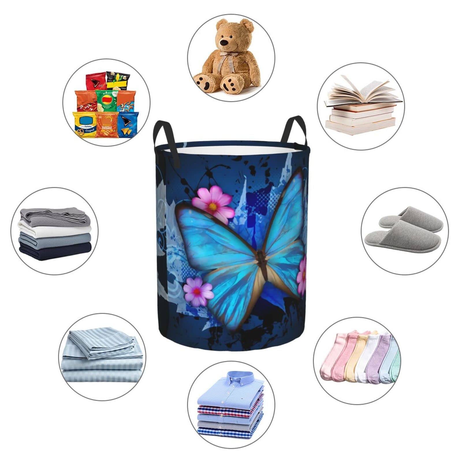 Blue Butterfly Laundry Hamper With Handle Foldable Durable Laundry Basket Storage Bin Dirty Clothes Organizer Bag For Bedroom Bathroom Nursery