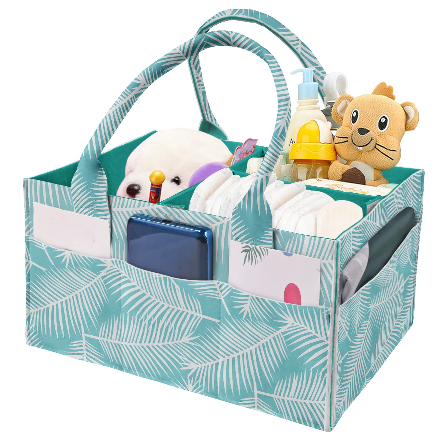 Felt Baby Diaper Caddy Organizer - Changing Table and Car Organizer for Diapers and Baby Wipes, Gift Registry For Baby Shower, Nursery Storage Basket and Bin, Green Leaves