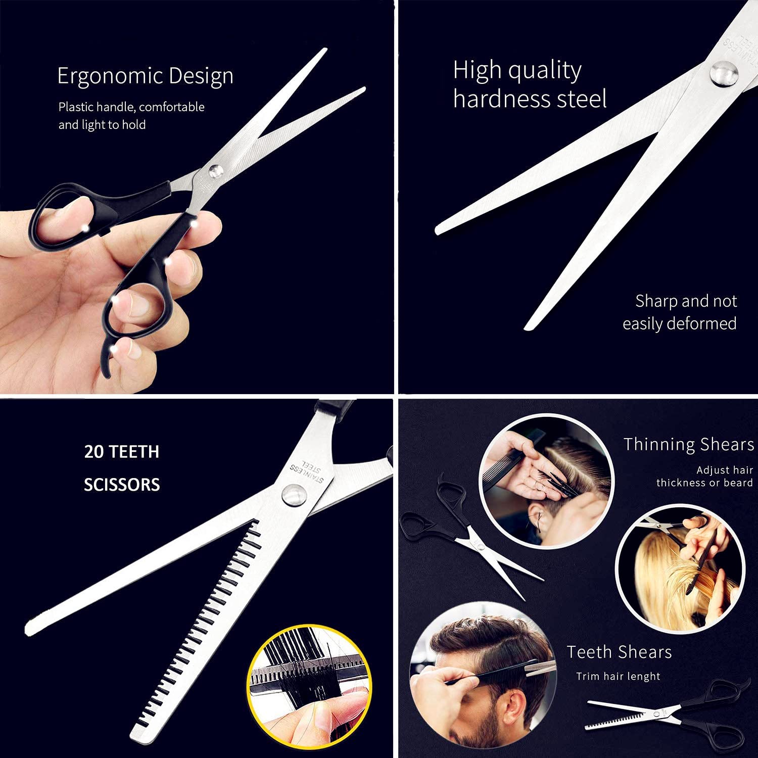 Cinlla Hair Scissors Hair Cutting Scissors Thinning Shears Haircut Barbers Salon Hair Styling Tool - 6 Inch Scissors Black with Comb