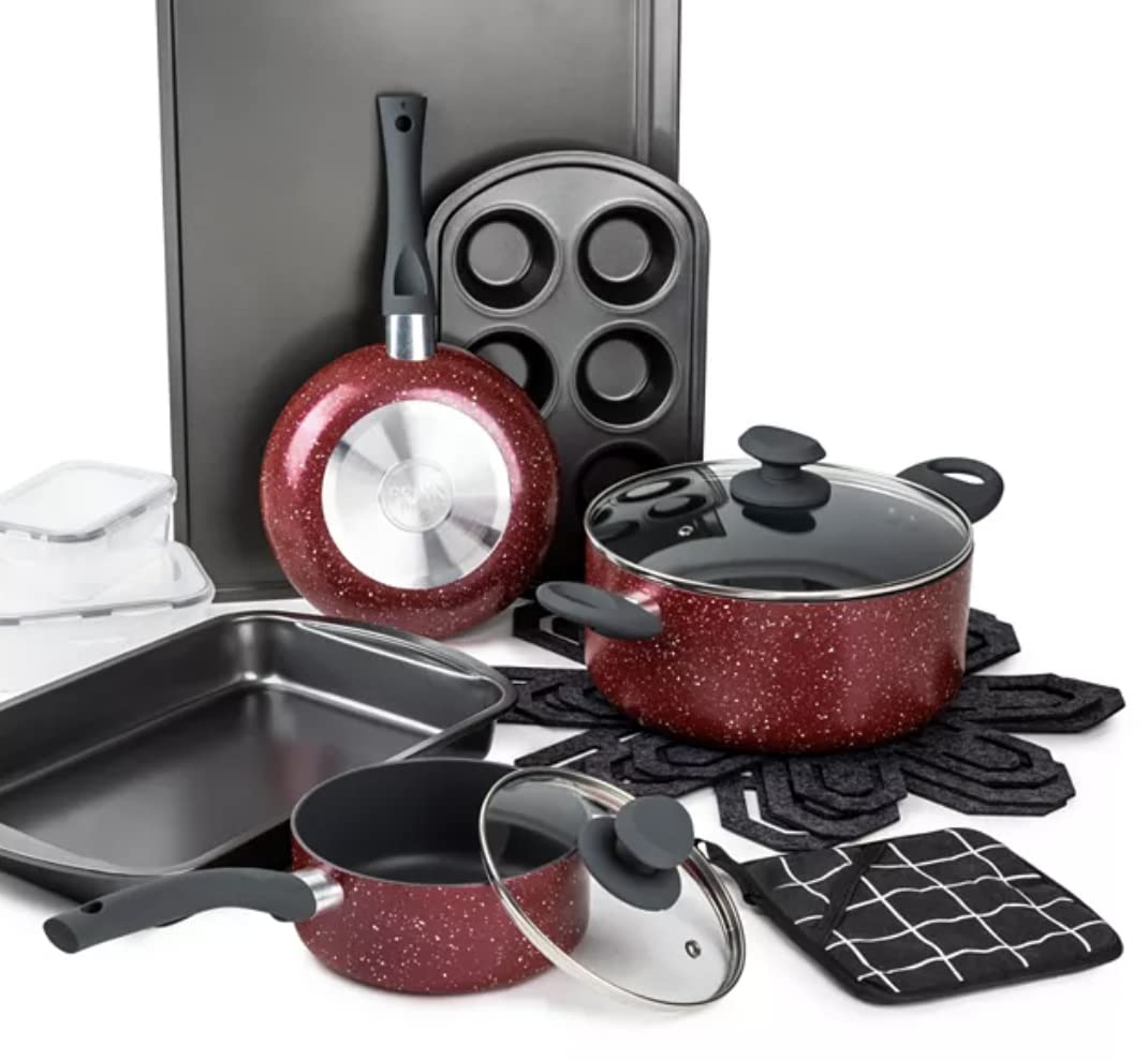 Brooklyn Venus Nonstick Aluminum Cookware Set 16 Piece Pots and Pans With Glass Lid, Dishwasher Safe Red