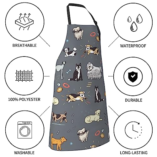 Perinsto Cute Dogs Animal (Dark Grey) Waterproof Apron With 2 Pockets Kitchen Chef Aprons Bibs For Cooking Baking Painting Gardening Grooming