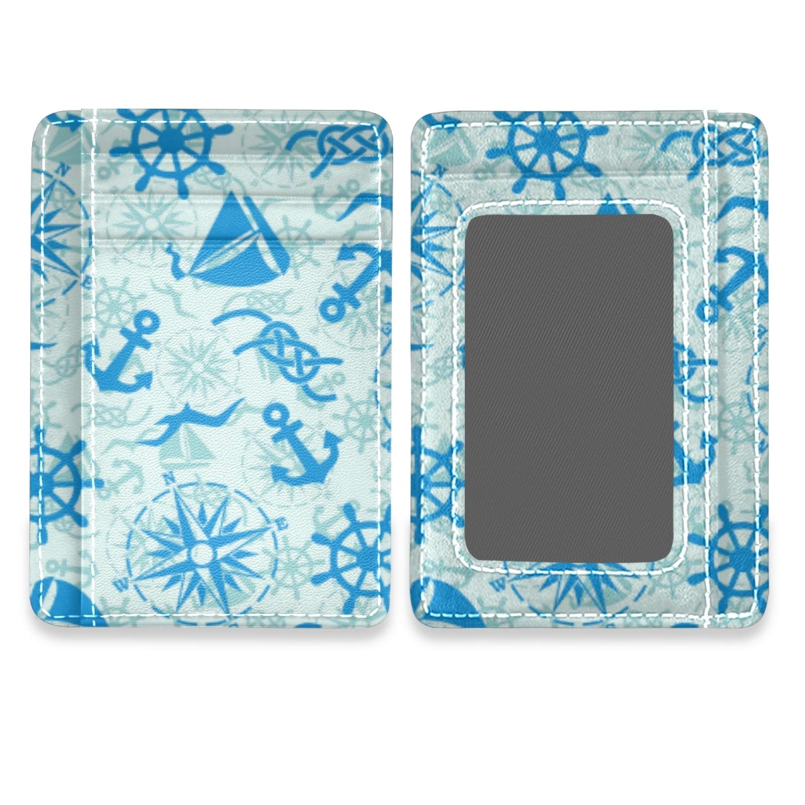 Linomo Thin leather Card Holder and Money Clip Nautical Anchor Compass Wallet RFID Blocking for Men & Women