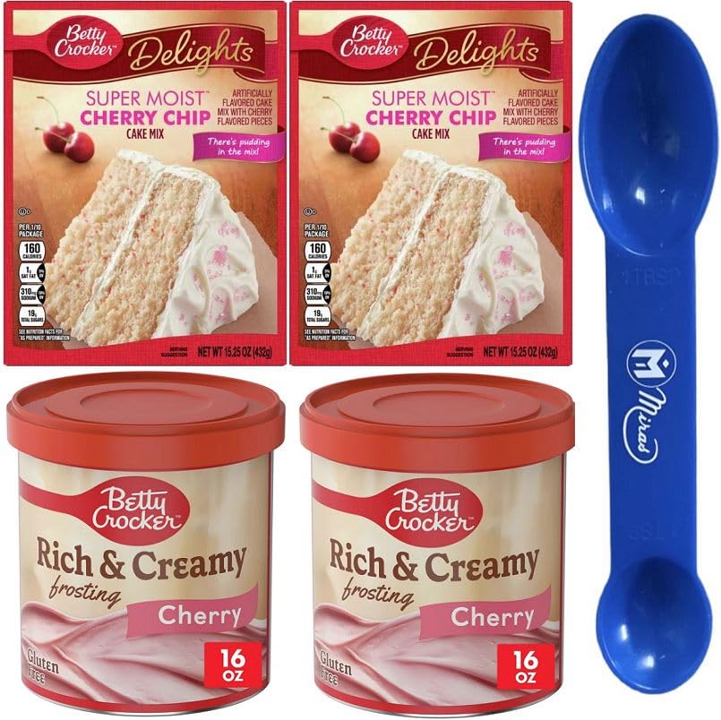 Betty Crocker Super Moist Cherry Chip Cake Bundle Cake Mix (2 Boxes), Frosting (2 Tubs) (Miras Trademark 2-in-1 Measuring Spoon Included!)