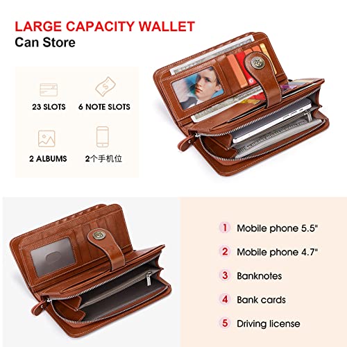 Cnoles Womens Wallet Genuine Leather Large Capacity Wristlet Clutch Purse Credit Card Holder with RFID Blocking Purse Light Brown