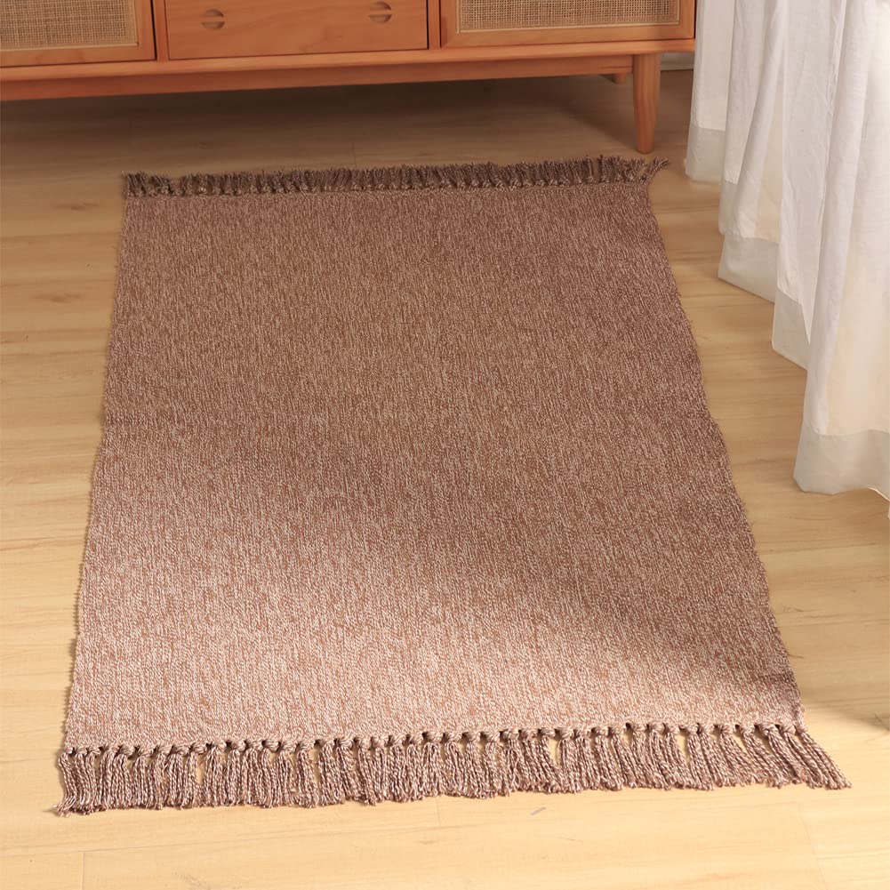 Boho Bathroom Rug Cotton Reversible Laundry Room Rag Rug - Hand Woven Solid Color Chindi Area Rug Entryway for Kitchen Bathroom Bedroom Dorm (2' x 4'3, Coffee)