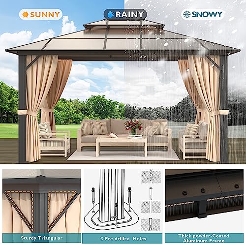 Binplax Hardtop Gazebo Polycarbonate Double Roof Canopy Curtains Aluminum Frame with Netting for Garden, Patio,10' ×13'