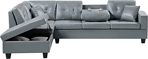 EMKK Variable Bed Sofa Living Room Folding Sectional Sofa with Reversible Chaise Lounge, Upholstered L-Shaped Couch with Two Cup Holders 2 Pillows for Office Apartment Large Space Furniture Sets