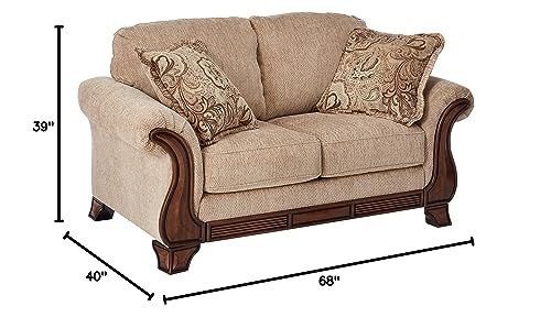 Signature Design by Ashley Lanett Traditional Faux Wood Detail Loveseat with 2 Accent Pillows, Beige