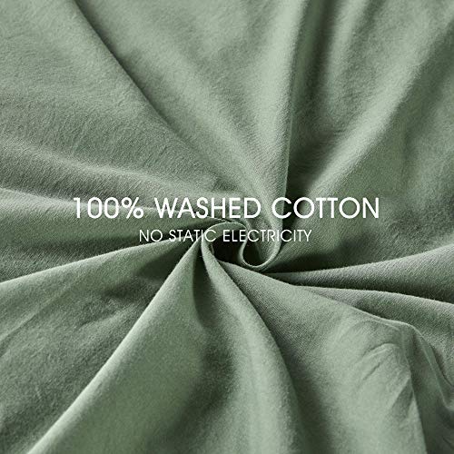 JELLYMONI Green 100% Washed Cotton Duvet Cover Set, 3 Pieces Luxury Soft Bedding Set with Buttons Closure. Solid Color Pattern Duvet Cover Full Size(No Comforter)