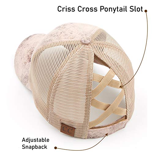 C.C Exclusives Washed Distressed Cotton Denim Criss-Cross Ponytail Hat Baseball Cap Bundle Hair Tie (BT-923) (A Elastic Band-Vintage Faux Leather Rose)