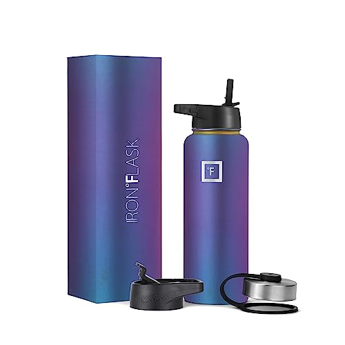 IRON °FLASK Sports Water Bottle - 40 Oz 3 Lids (Straw Lid), Leak Proof - Stainless Steel Gym & Sport Bottles for Men, Women & Kids - Double Walled, Insulated Thermos, Metal Canteen