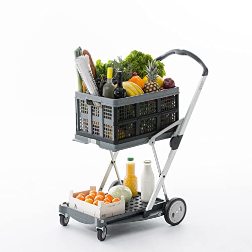CLAX® The Original | Made in Germany | Multi use Functional Collapsible Carts | Mobile Folding Trolley | Shopping cart with Storage Crate | Platform Truck (Grey)