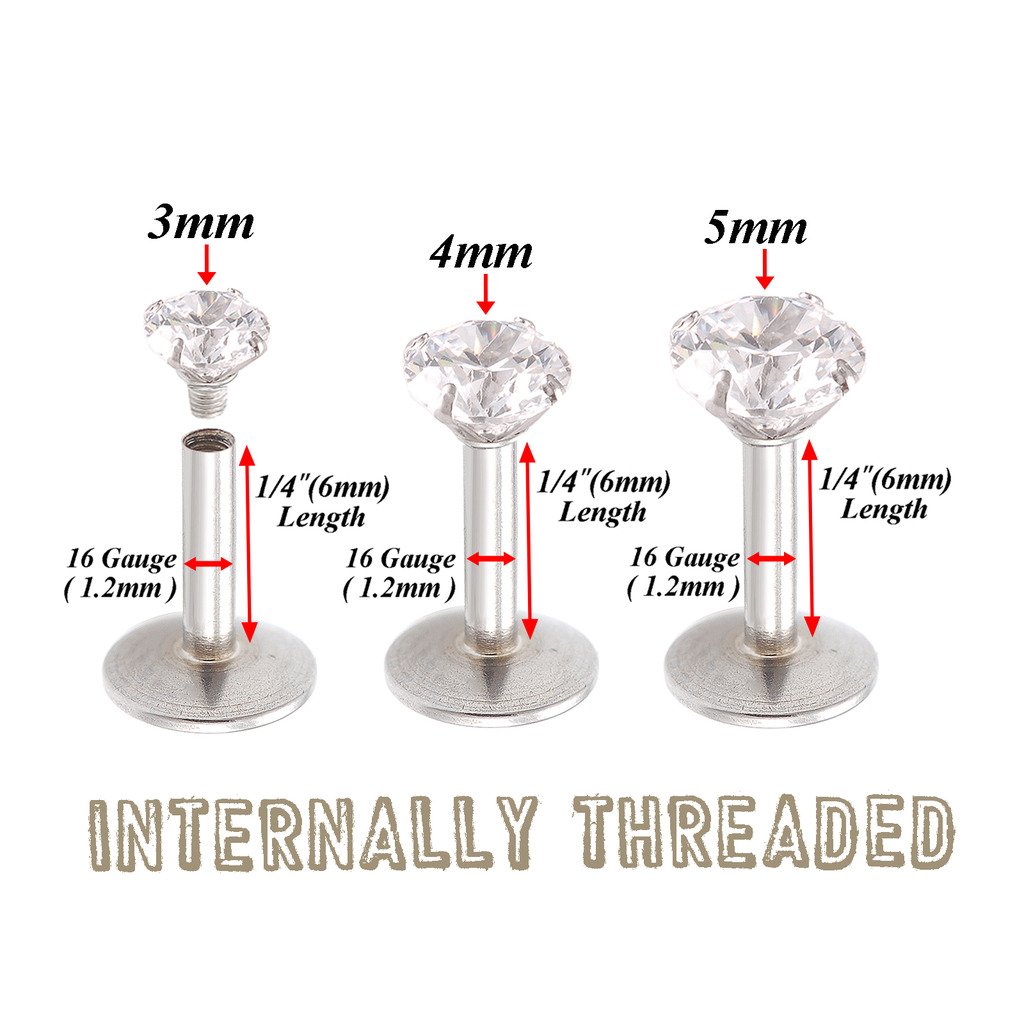 bodyjewellery 16g Internally Threaded Lip Labret Piercing Studs Surgical Steel Helix Monroe Dahlia Tragus Cartilage Snake Bites 1/4 6mm