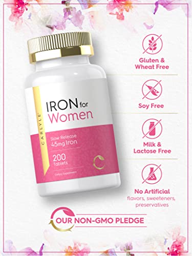 Iron Pills for Women | 45mg | 200 Slow Release Tablets | Vegetarian, Non-GMO, Gluten Free Supplement | by Carlyle