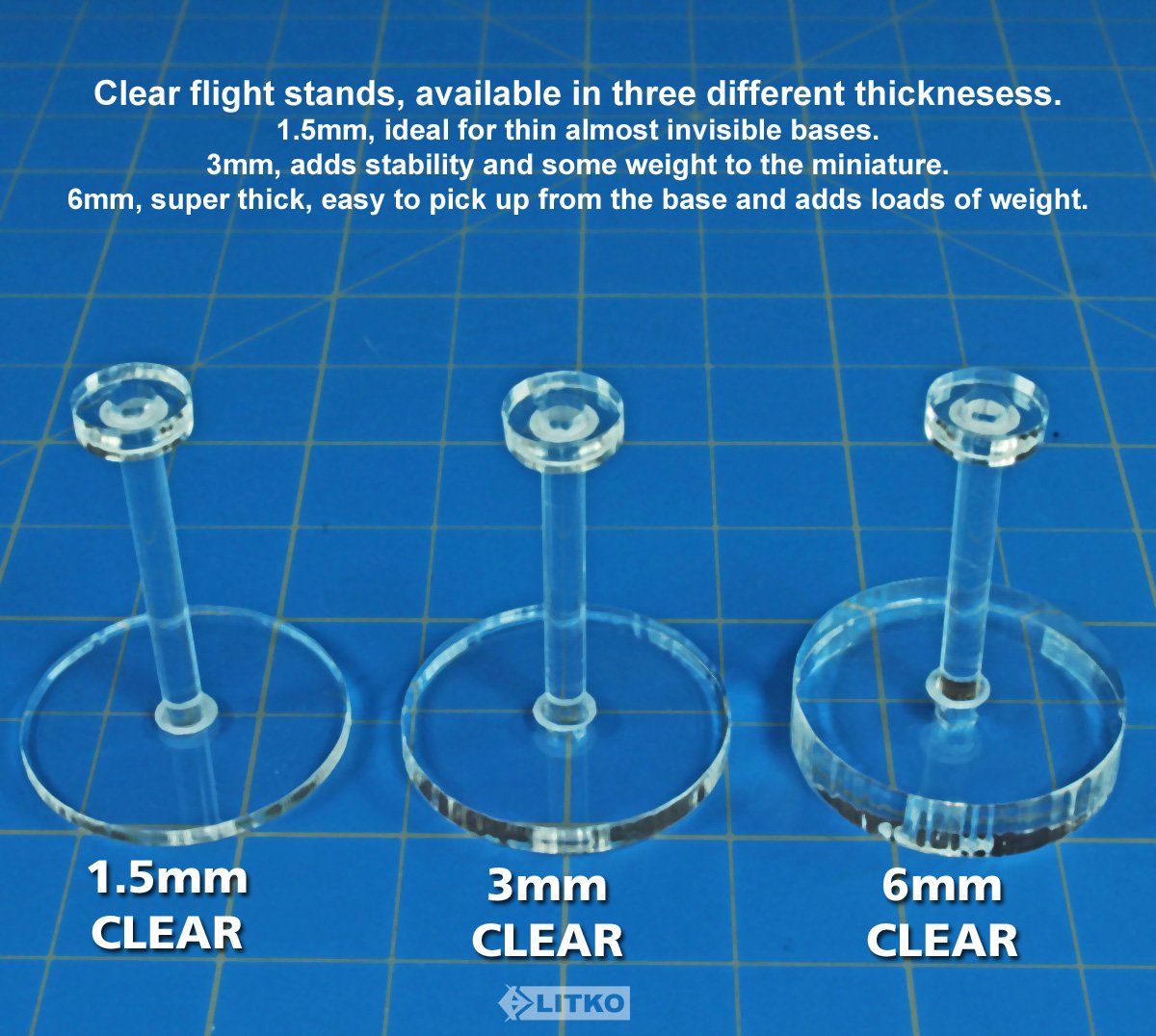 LITKO 27mm Circular Flight Stand Kit | Compatible with Star Wars: Legion | 3mm Clear with 1.25 inch Peg | 10 Pack