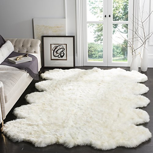 SAFAVIEH Sheep Skin Collection Area Rug - 6' Square, Natural & White, Handmade Rustic Glam Genuine Pelt, 3.4-inch Thick Ideal for High Traffic Areas in Living Room, Bedroom (SHS211A)
