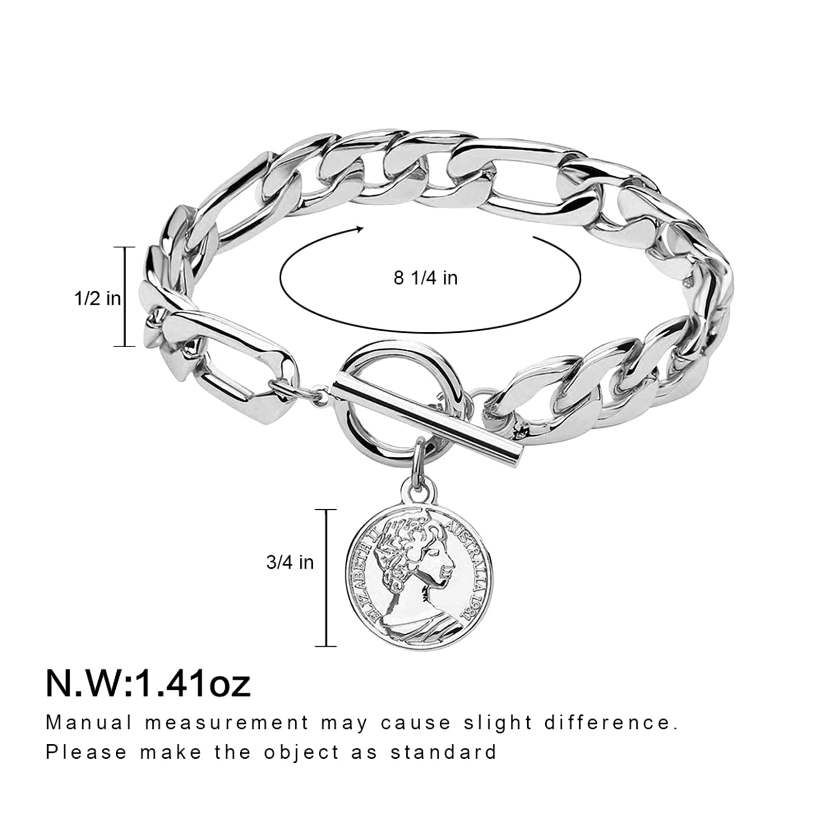 CLASSYZINT Cuban Link Chain Bracelet for Women Men Silver Coin Pendant Charm Bracelet White Gold Thick Chunky Chain Bracelets OT Toggle Clasp 8 Inches