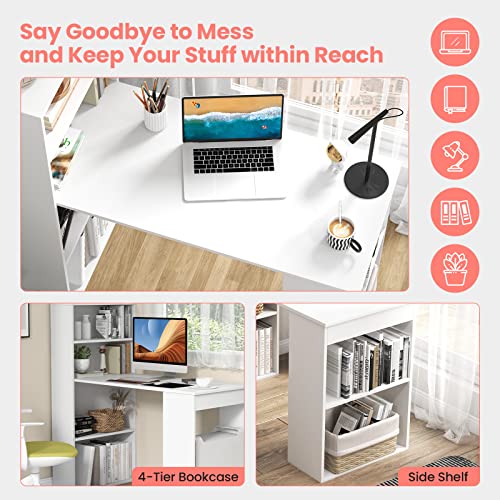 IFANNY 48 Inch Computer Desk with Bookshelf, Reversible Home Office Desk with Open Shelves & CPU Stand, Modern Space-Saving Writing Desk Computer Workstation for Study, Living Room (White)
