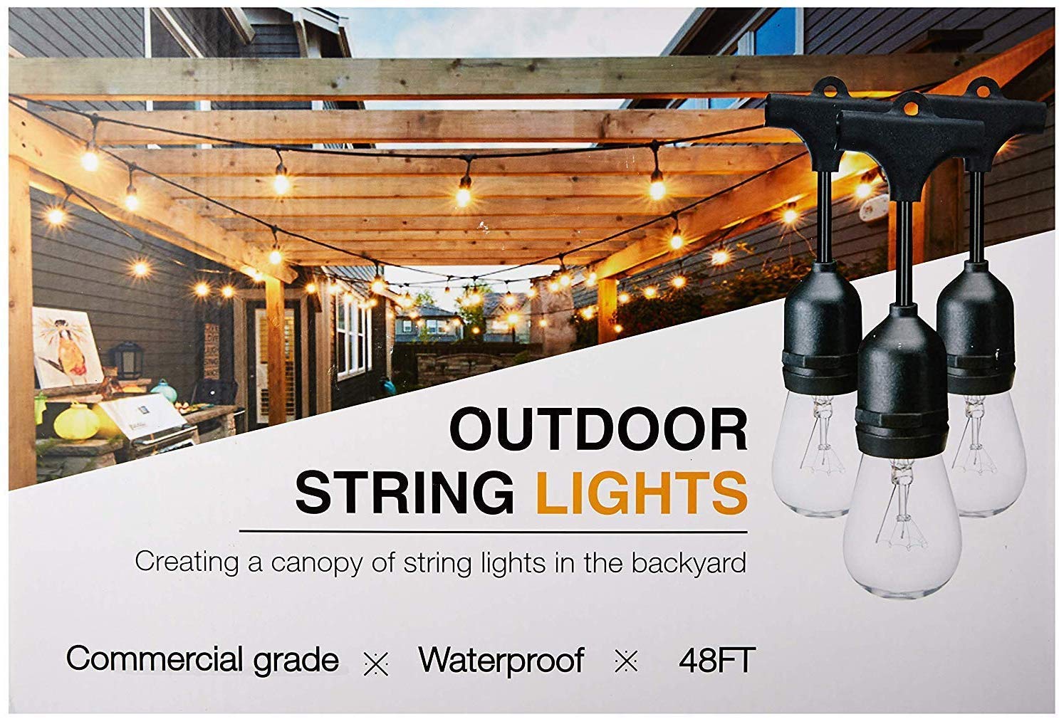 Banord Outdoor String Lights, 2 Pack 48ft Waterproof Patio String Lights, Commercial Dimmable ETL Approved 15 Base Sockets, 18 S14 Bulbs(3 Spares) 2700K WarmWhite for Backyard Porch Garden