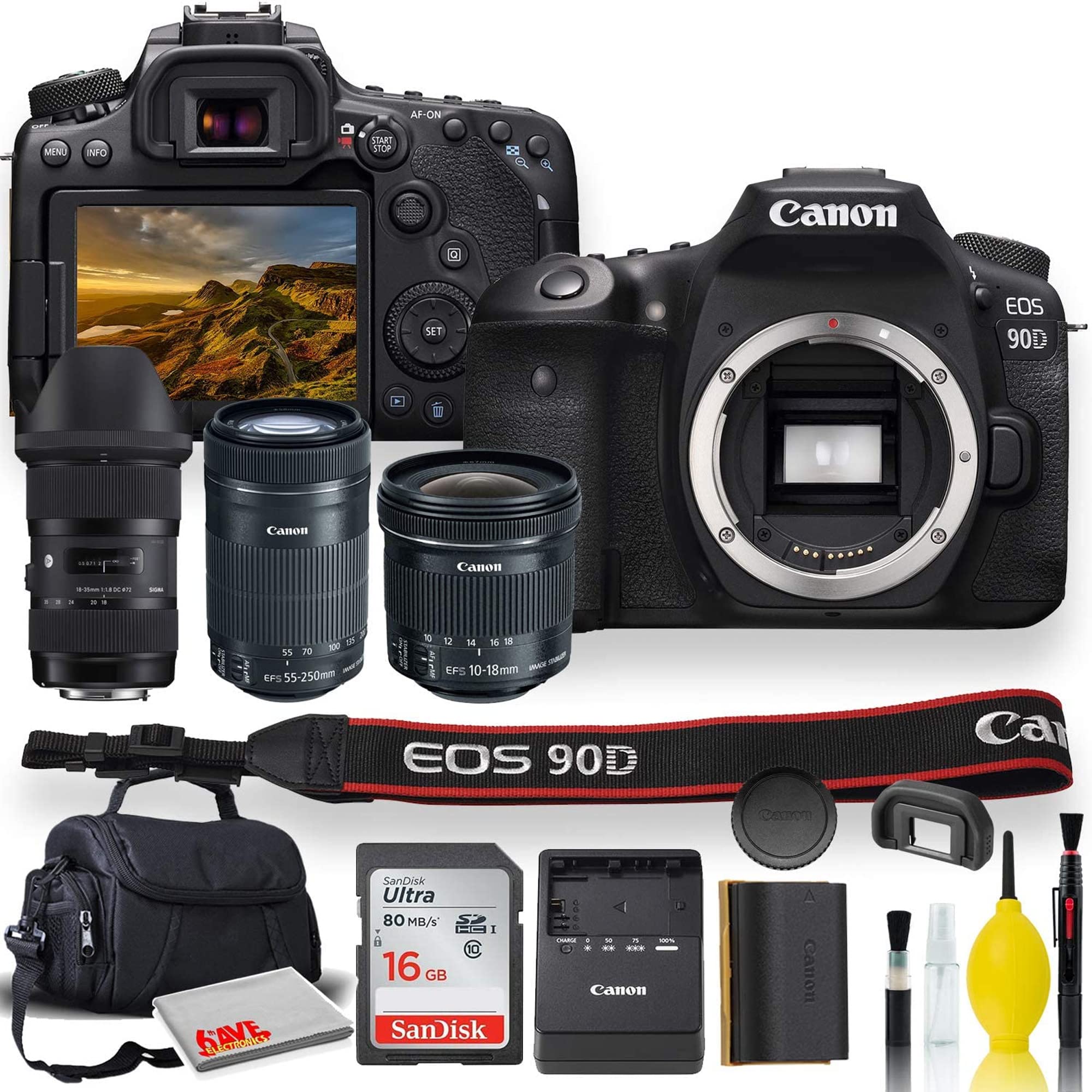 Canon EOS 90D DSLR Camera with Sigma 18-35mm, Canon EF-S 55-250mm, Canon EF-S 10-18mm, Soft Padded Case, Memory Card, and More - Triple Lens Set (Renewed) Black