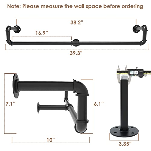GWH Industrial Pipe Clothing Rack, Wall Mounted Clothes Rack, Industrial Clothing Rack, Pipe Clothing Rack, Closet Rods for Hanging Clothes, 100% Galvanized Steel (39 in, Black)