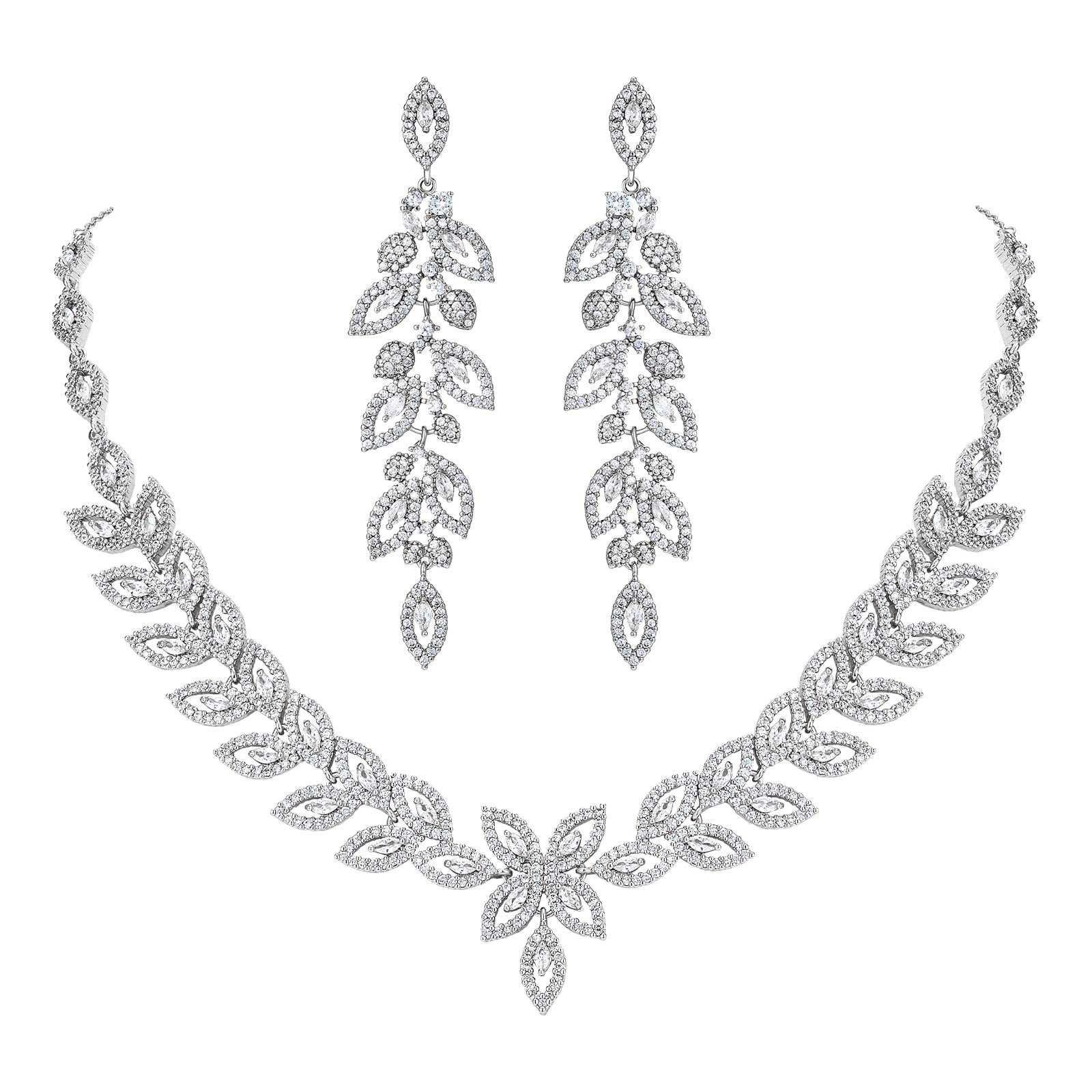 SWEETV Wedding Jewelry Set for Brides Bridesmaid Women, Cubic Zirconia Rhinestone Necklace Dangle Earrings Jewelry Set for Women, Chandelier Bridal Jewelry Set for Wedding Party Costume (0.2 Silver)