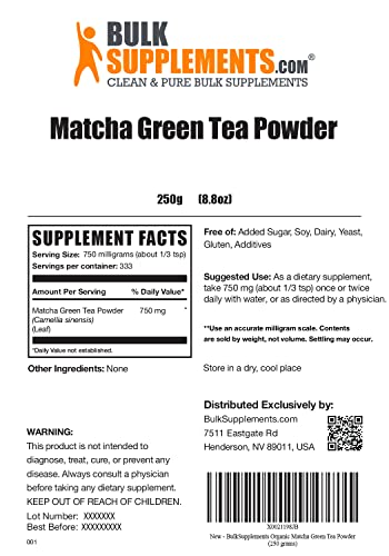 BulkSupplements.com Organic Matcha Powder - Matcha Organic, Matcha Powder for Latte & Baking, Culinary Grade Matcha Powder - Organic & Gluten Free, 750mg per Serving, 250g (8.8 oz)