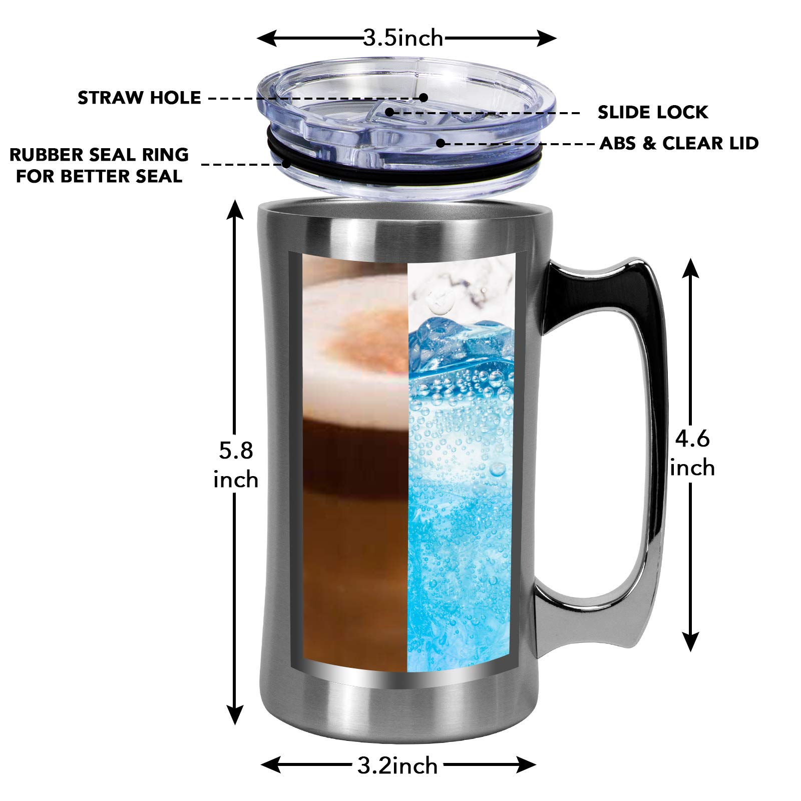 HDMY Stainless Steel Double Walled Mugs 20 oz Metal Coffee & Tea &Wine Cup Mug Insulated Cups with Handles Keep Drinks Cold or Hot Longer(Double)