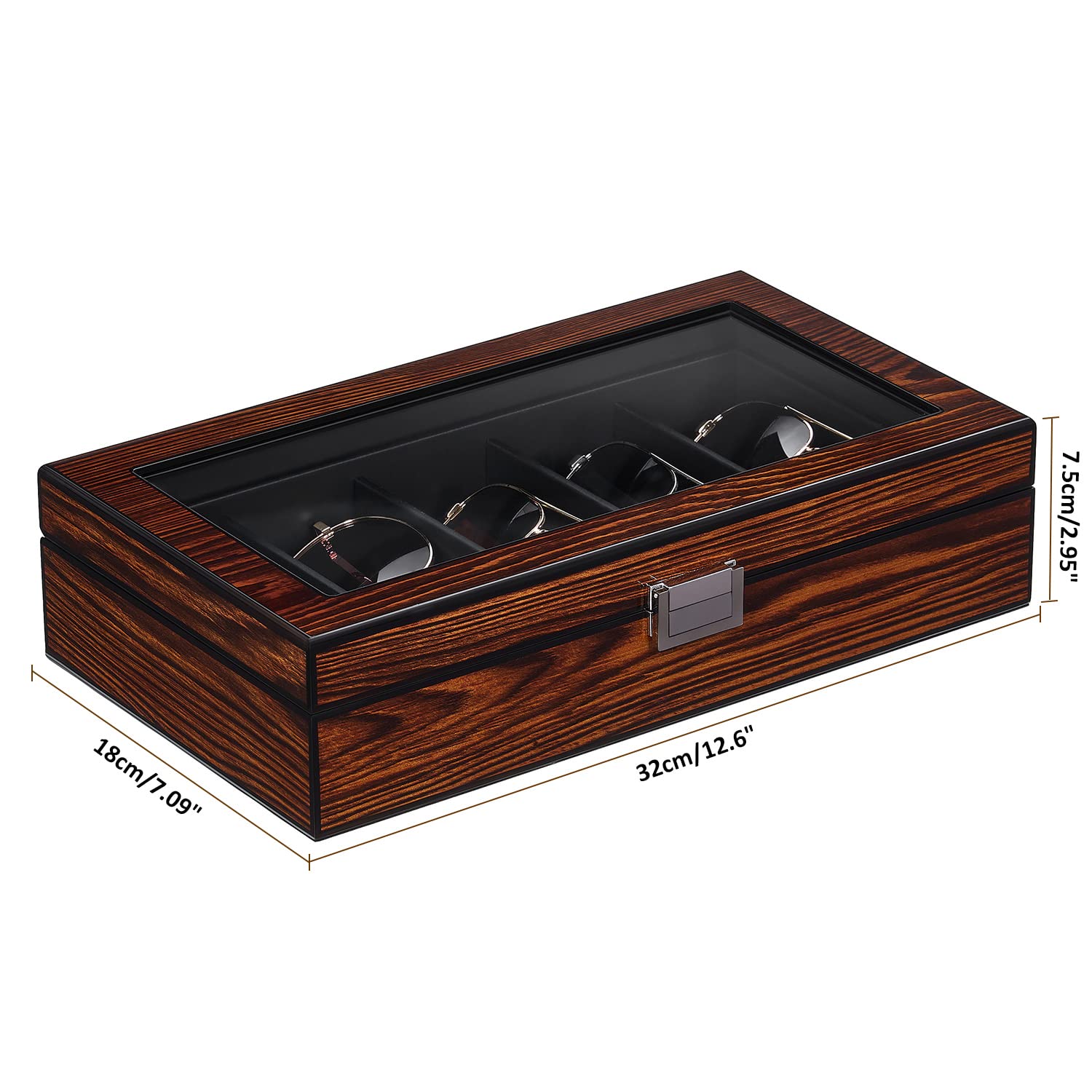 BEWISHOME Sunglass Organizer for Women Men, 5 Slot Sunglasses Case Organizer, Eyeglasses Storage Box with Clear Glass Top, Smooth Faux Leather Interior, Brown SSH05Y