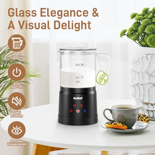 Dallfoll Milk Frother, 4-in-1 Milk Frother and Steamer Electric, Visualized Glass Design, 13.5oz/400ml Hot and Cold Milk Foam Maker for Coffee, Latte, Cappuccino Silent Operation, Automatic off