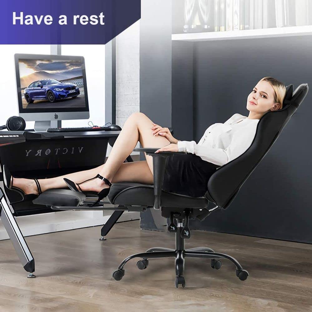 BestOffice Office Chair PC Gaming Chair Ergonomic Desk Chair Executive PU Leather Computer Chair Lumbar Support with Footrest Modern Task Rolling Swivel Racing Chair for Women&Men, Black