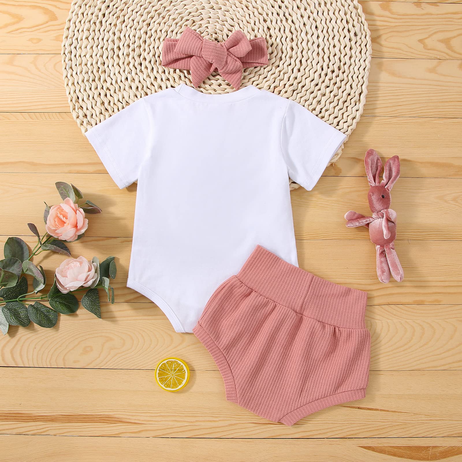 Fernvia Infant Baby Girls Easter Outfits Short Sleeve Rabbit Print Romper Elastic Waist Shorts with Hairband 3Pcs Clothes Set (A Pink, 6-12 Months)