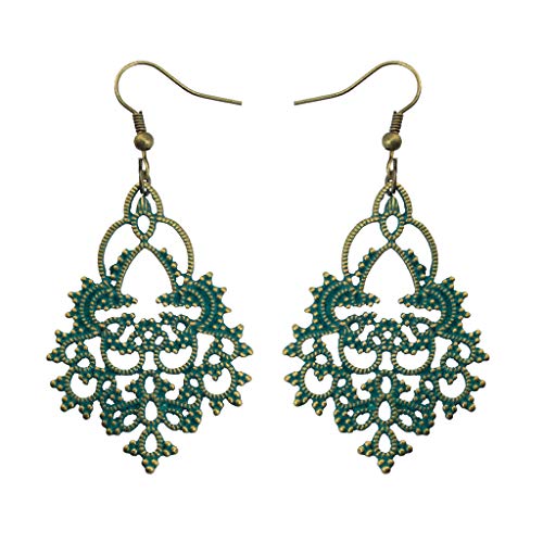 LQJstore Dangle Earrings Ethnic Retro Water Drop Hollow Earrings Green Pine Carved Boho Earring (C)