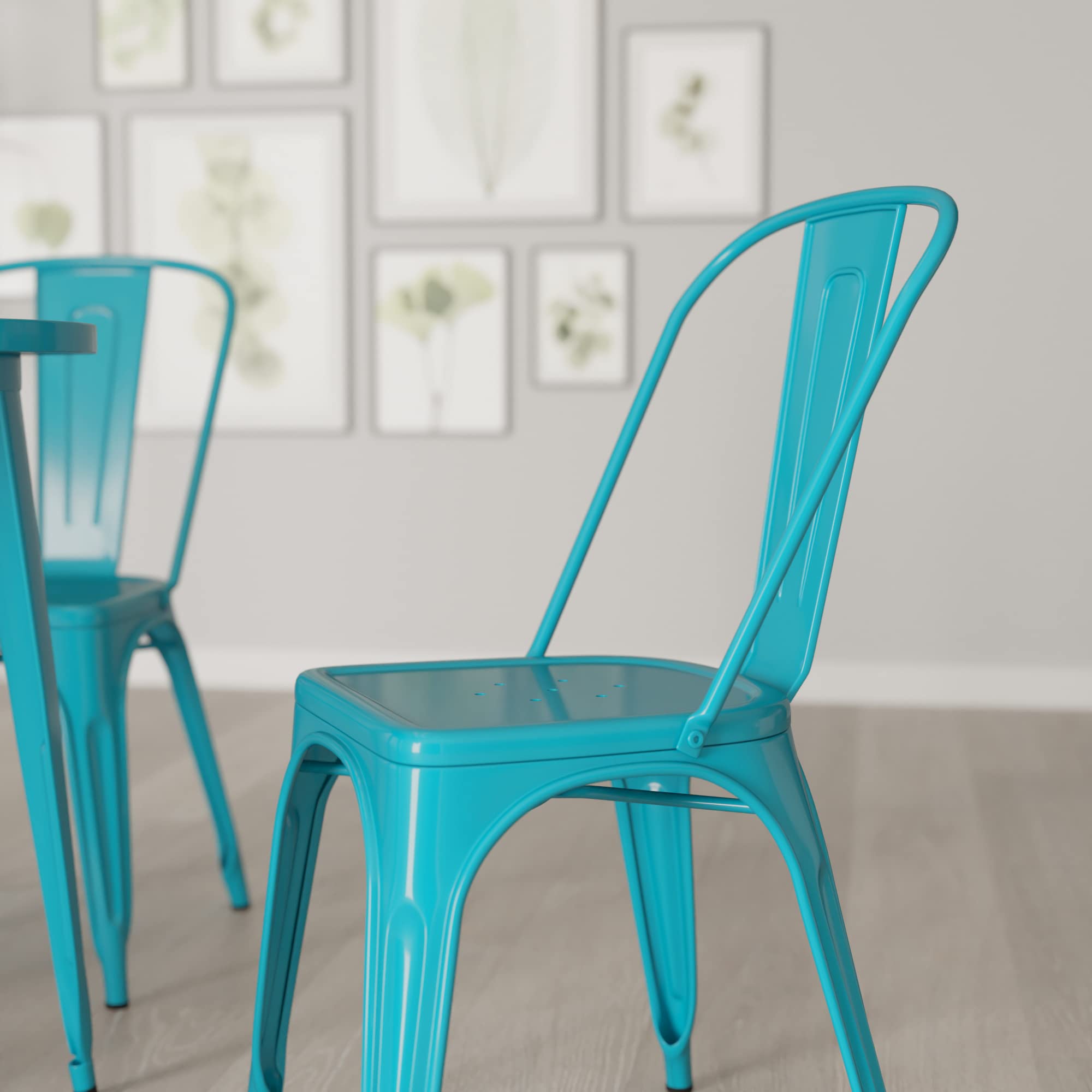 Merrick Lane Wells Stacking Dining Chair - Powder Coated Crystal Teal-Blue Metal Frame - Curved Slat Back - 500 lb. Static Weight Capacity - Indoor/Outdoor Use
